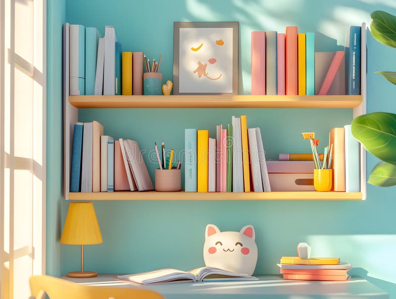 A Cozy Study Space with Colorful Books and Cheerful Decorations ...