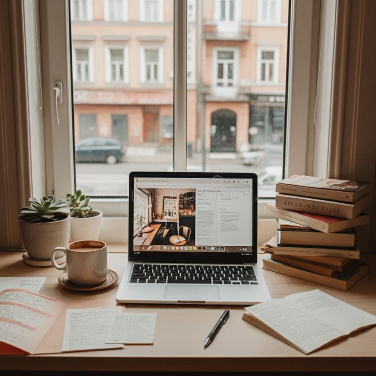 Cozy Study Space Features a Laptop Displaying a Webpage, Alongside Open Notebooks Stock ...