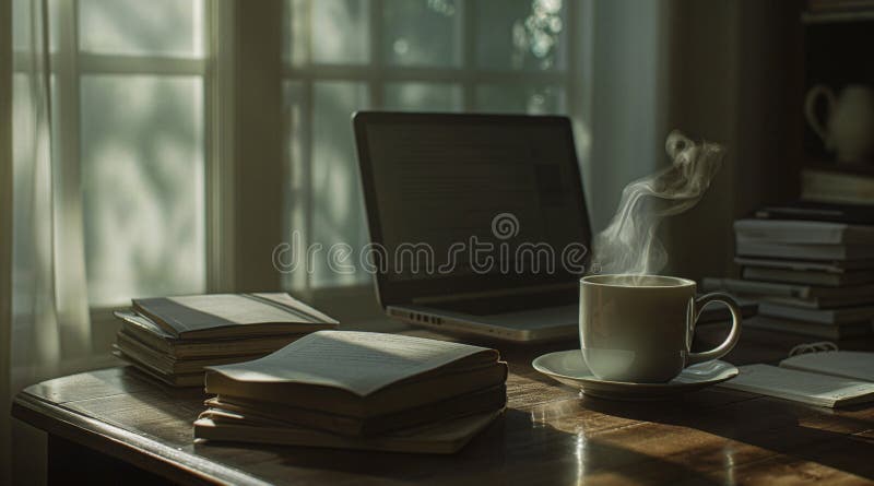 Cozy Study Space with Books, Laptop, and Coffee in Sunlit Room Stock ...