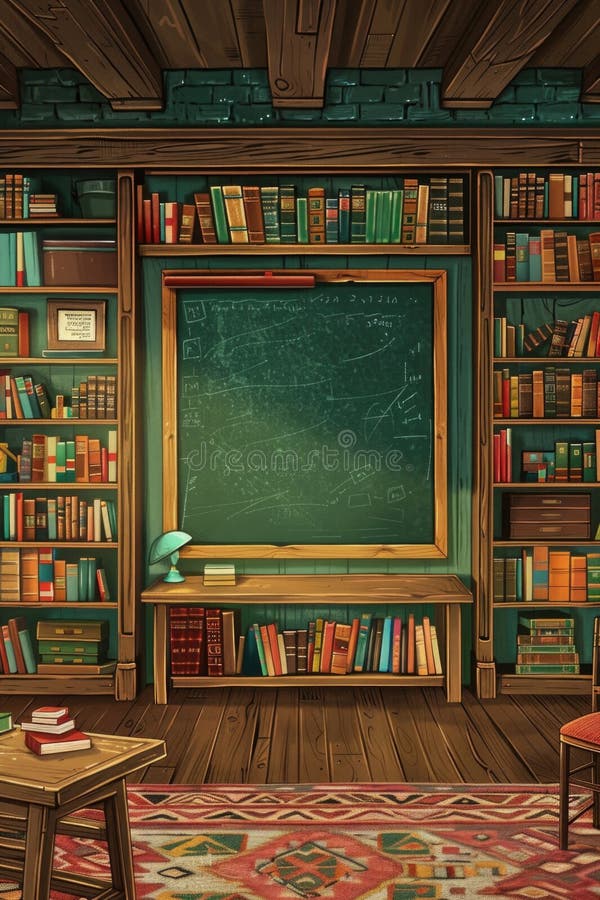 Cozy Study Space with Piles of Books and a Chalkboard for Note-taking ...