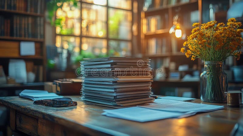 A Cozy Study with a Stack of Papers on a Wooden Desk, Surrounded by ...