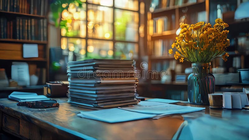 A Cozy Study with a Stack of Papers on a Wooden Desk, Surrounded by ...