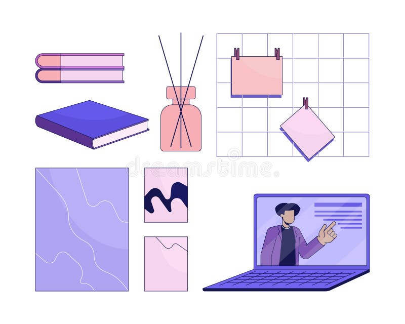 Cozy Studying Stationery 2D Linear Cartoon Objects Set Stock Vector ...