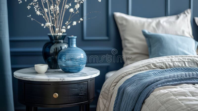 Cozy Stylish Blue Themed Bedroom Elegant Decor Stock Photos - Free ...