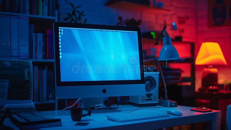 Cozy Tech Workspace stock illustration. Illustration of blue - 327043684