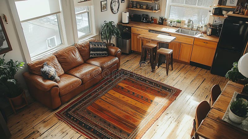 Cozy, Sun-drenched Apartment Living Room and Kitchen Combo Stock ...