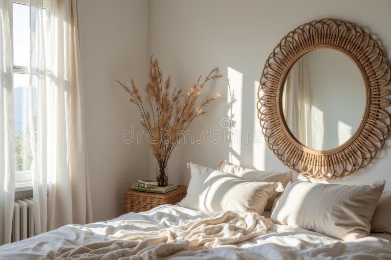 Cozy Sunlit Bedroom with Wicker Mirror and Neutral Decor Stock Photo ...