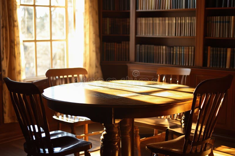 Cozy Sunlit Home Library Room with Wooden Table and Chairs Stock Image ...