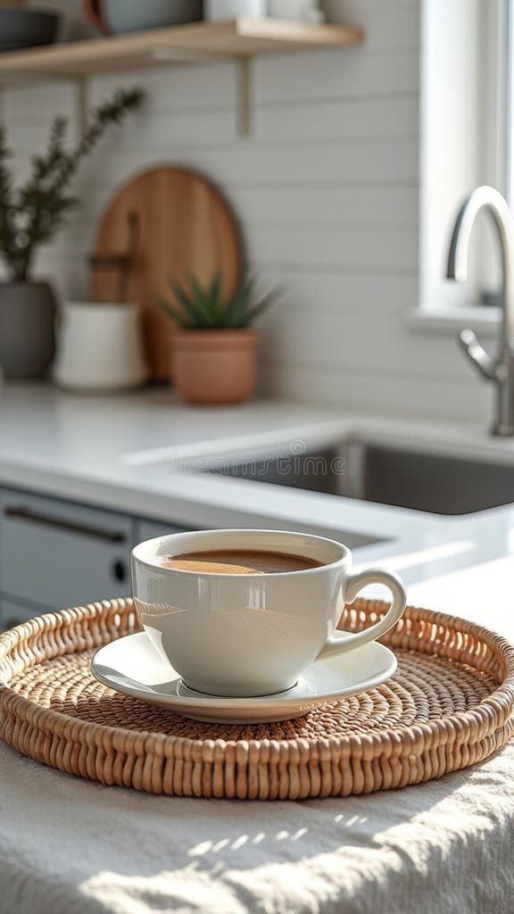Cozy Sunlit Kitchen with Coffee Cup on Wicker Tray Stock Photo - Image ...