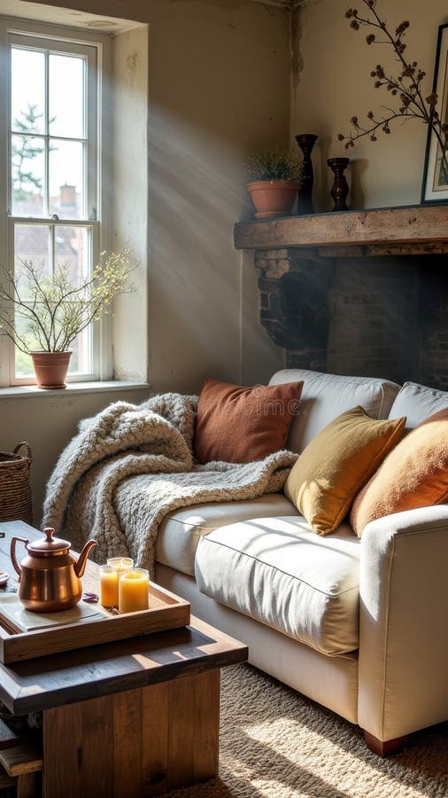 Cozy Sunlit Living Room with Cushions, Throws, and Wooden Elements in ...