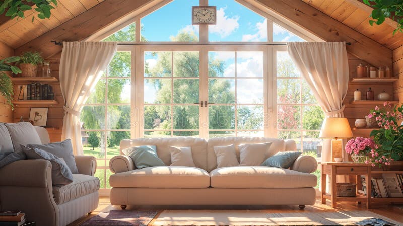 Cozy Sunlit Living Room with Large Windows and Scenic View Stock ...