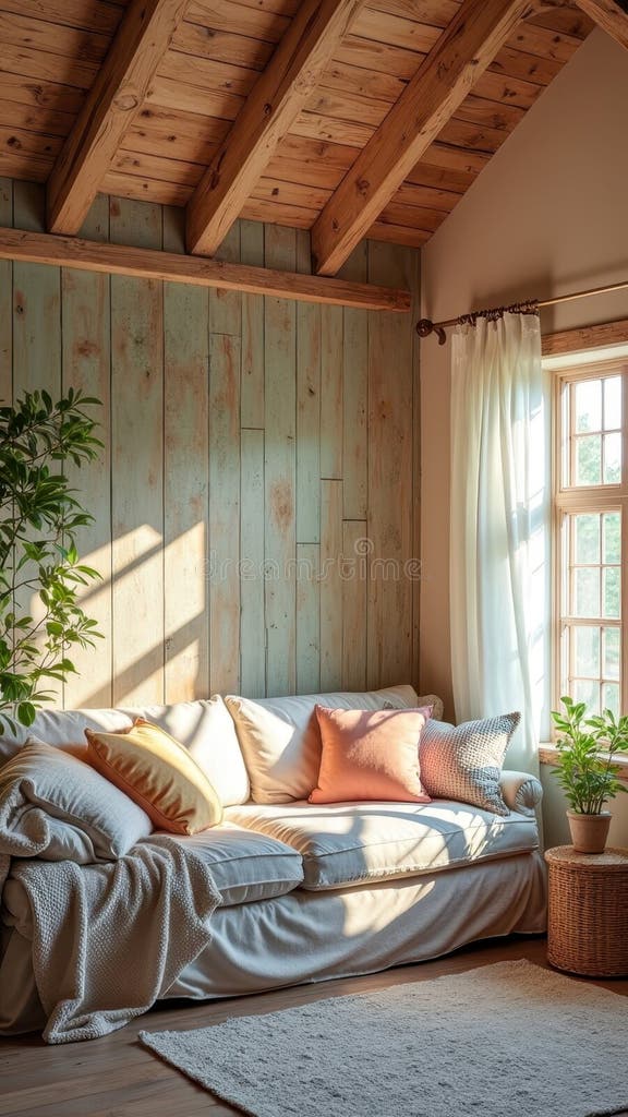 Cozy Sunlit Living Room with Rustic Decor and Soft White Sofa Stock ...