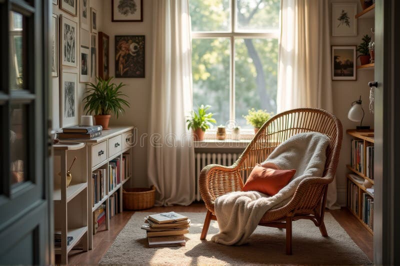 Cozy Sunlit Reading Nook with Wicker Chair and Books in Home Library ...