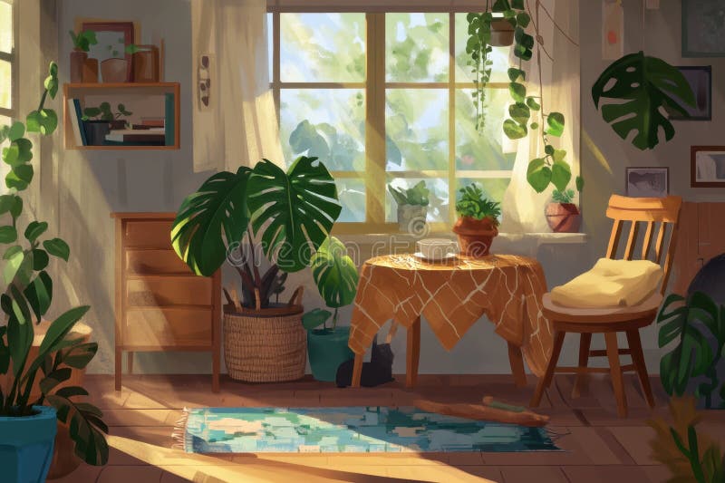 Cozy Sunlit Room with Lush Plants and Rustic Decor. Stock Photo - Image ...