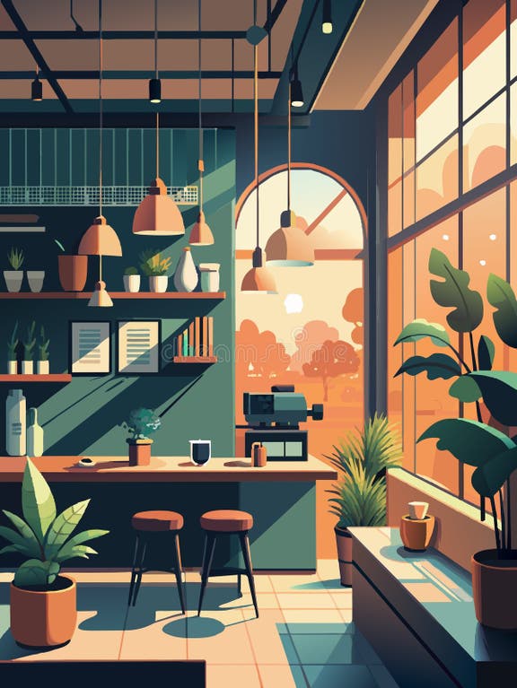 Cozy Sunset Cafe Interior with Warm Lighting and Modern Decor Stock ...