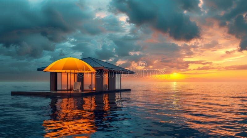 Cozy Sunset Home with Protective Umbrella Generative AI Stock Photo ...