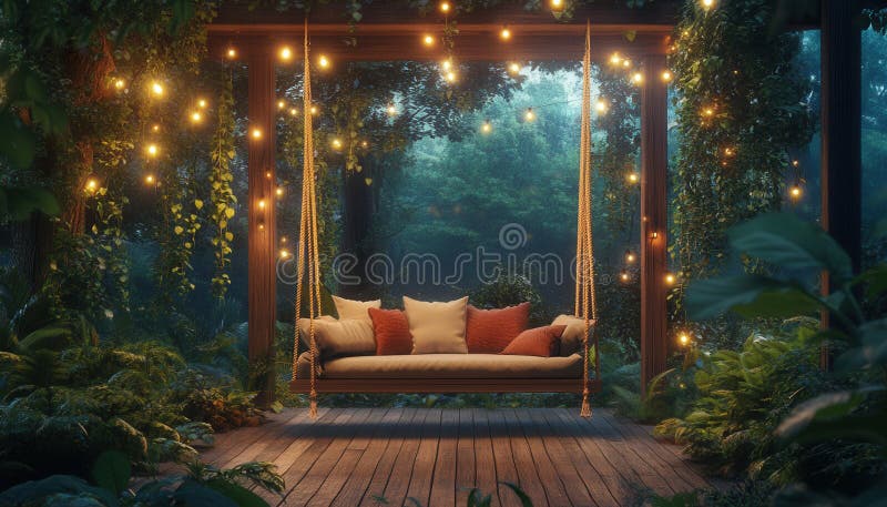 Cozy Swing Surrounded by Lush Greenery and Twinkling Lights at Twilight ...