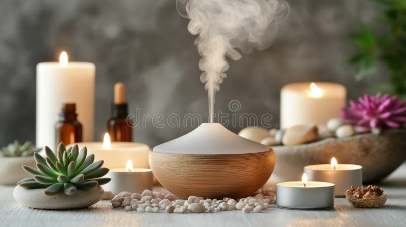 Aromatherapy Setup with Essential Oils, a Diffuser, and Candles for ...