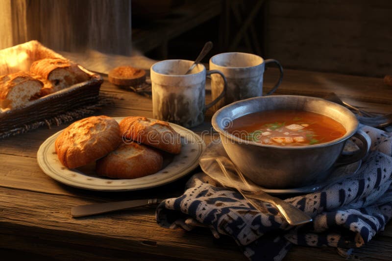 Cozy Table Setting with a Bowl of Soup, Crusty Bread, and Warm Drink ...