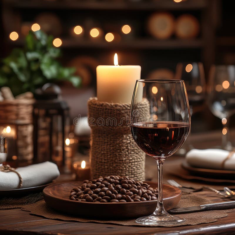 A Cozy Table Setting with Candles, a Glass of Wine, and a Plate of Nuts ...
