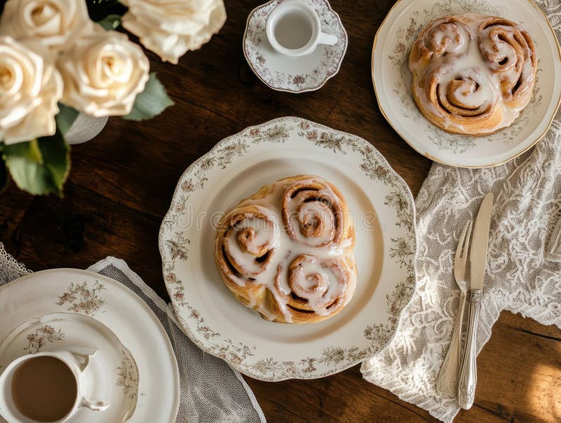 A Cozy Table Setting Featuring Cinnamon Rolls, Coffee, and Roses for a ...
