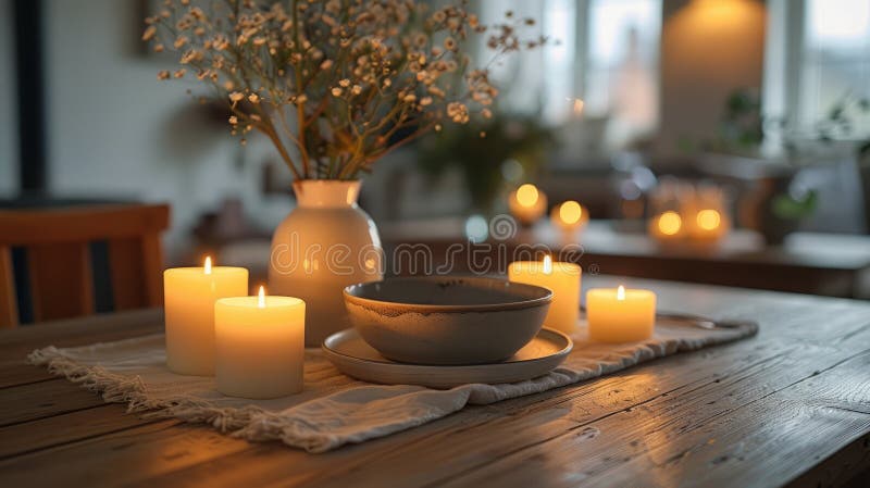 A Cozy Table Setting with Lit Candles. Stock Image - Image of evening ...