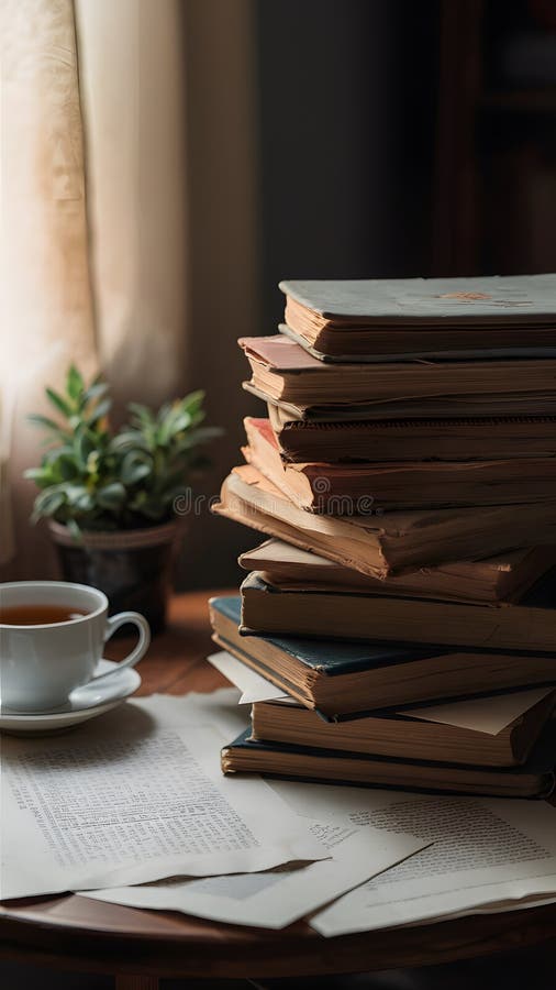 Cozy Table with Stack of Old Books and Papers, Plant, Tea Tranquil ...