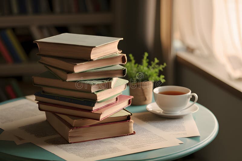 Cozy Table with Stack of Old Books and Papers, Plant, Tea Tranquil ...
