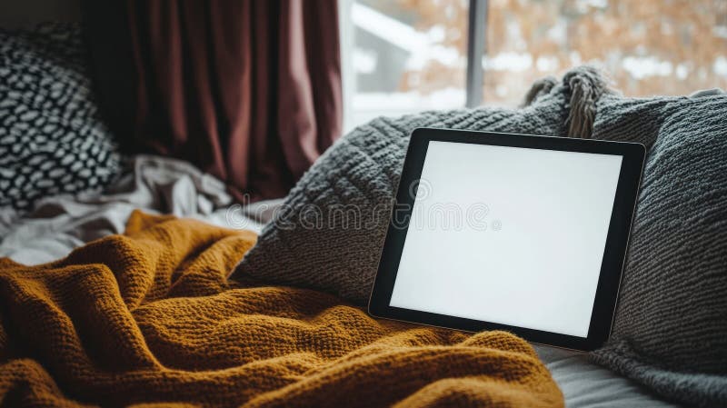 Cozy Tablet Mockup on a Bed with Soft Textiles Stock Illustration ...