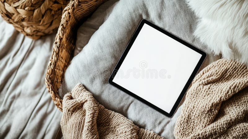 Cozy Tablet Mockup on Bed with Soft Textures Stock Illustration ...