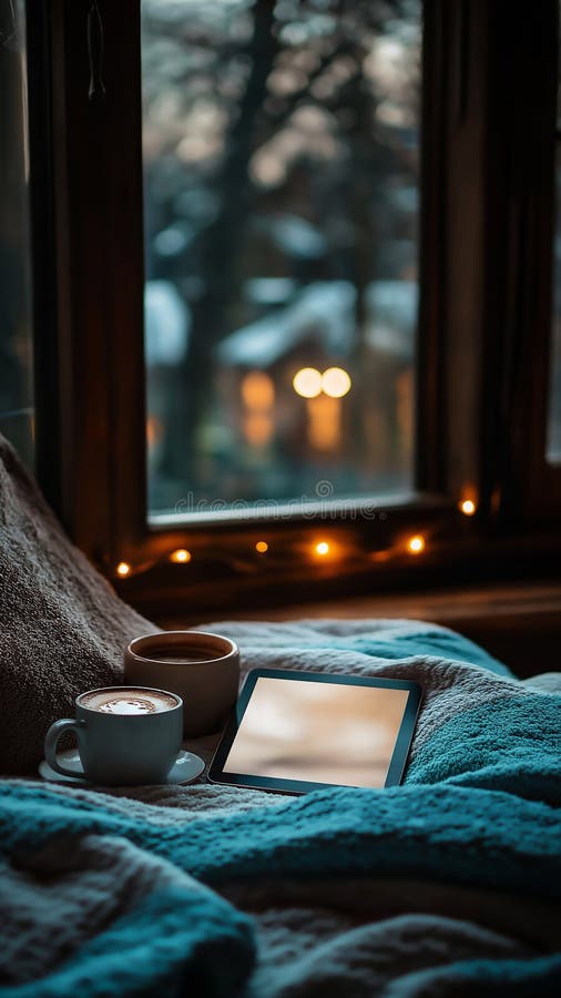 Cozy Tablet Mockup on a Blanket with Coffee in a Softly Lit Room during ...