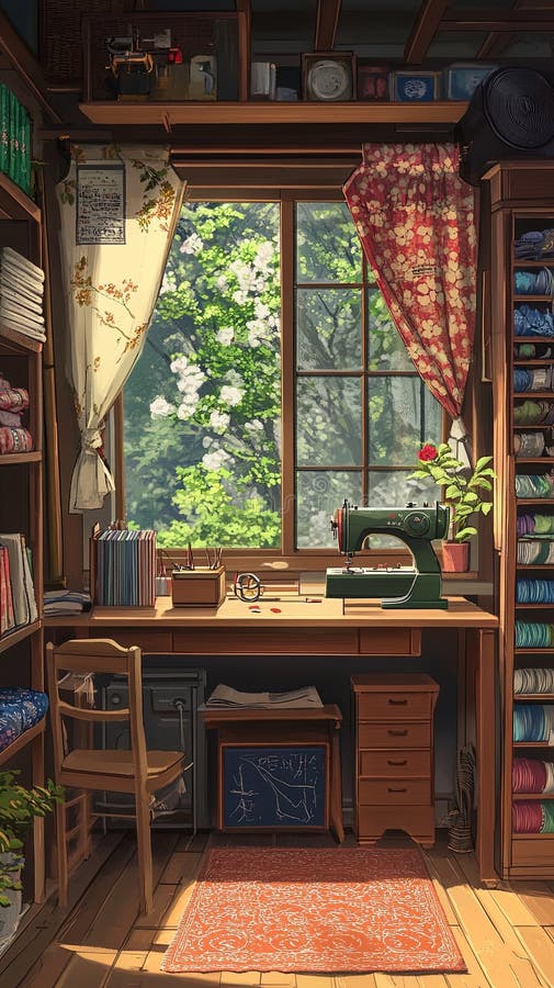A Cozy Tailor Shop with a Sewing Machine and Fabric. Pic Stock Image ...