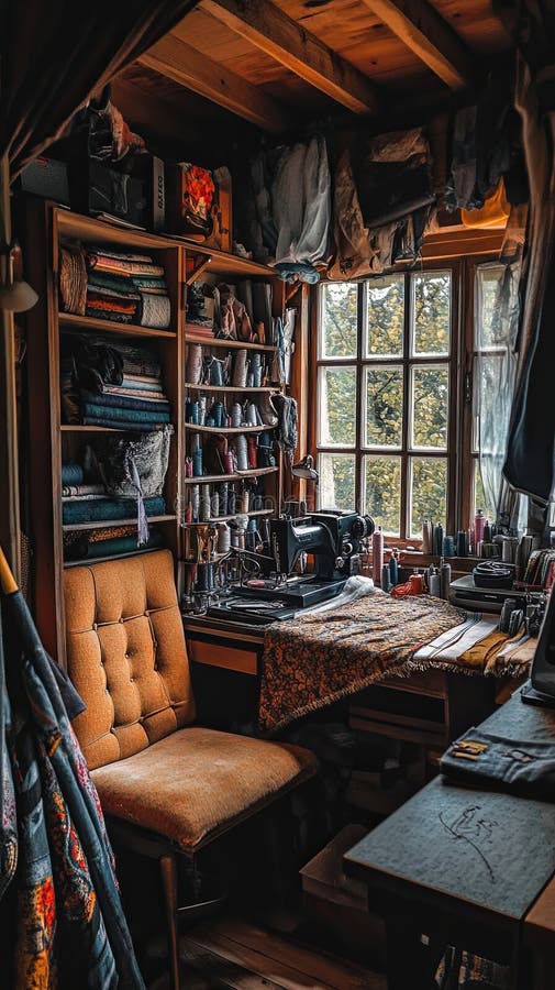 A Cozy Tailor Shop with a Sewing Machine and Fabric. Pic Stock Photo ...
