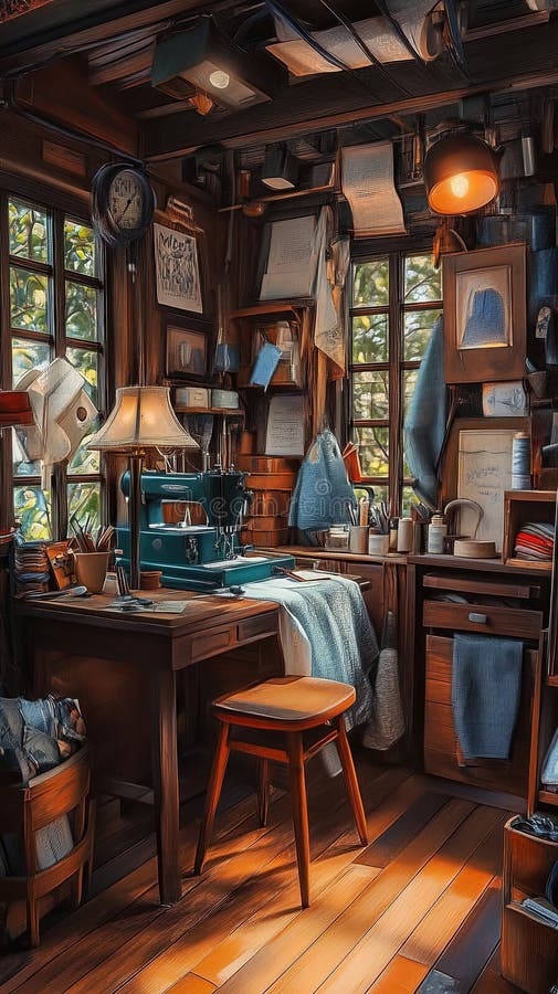 A Cozy Tailor Shop with a Sewing Machine and Fabric. Pic Stock Image ...