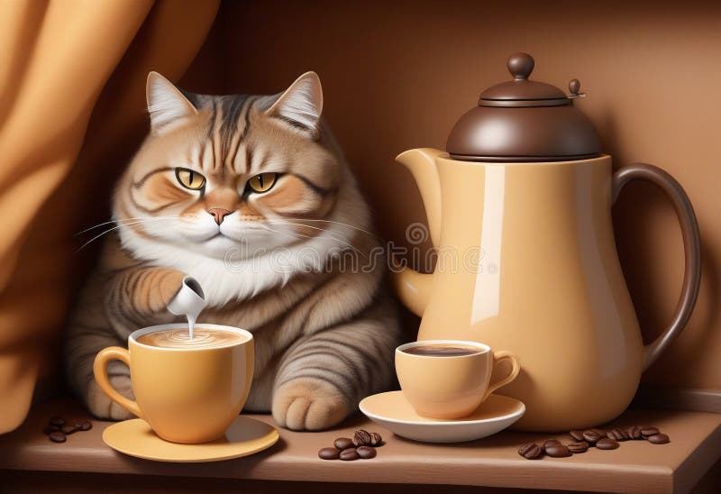 A Cozy Tale of a Fat Cat S Coffee Delight Stock Illustration ...