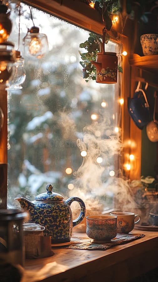 Cozy Tea House Steaming Cups Vintage Teapots Pic Stock Photos - Free ...