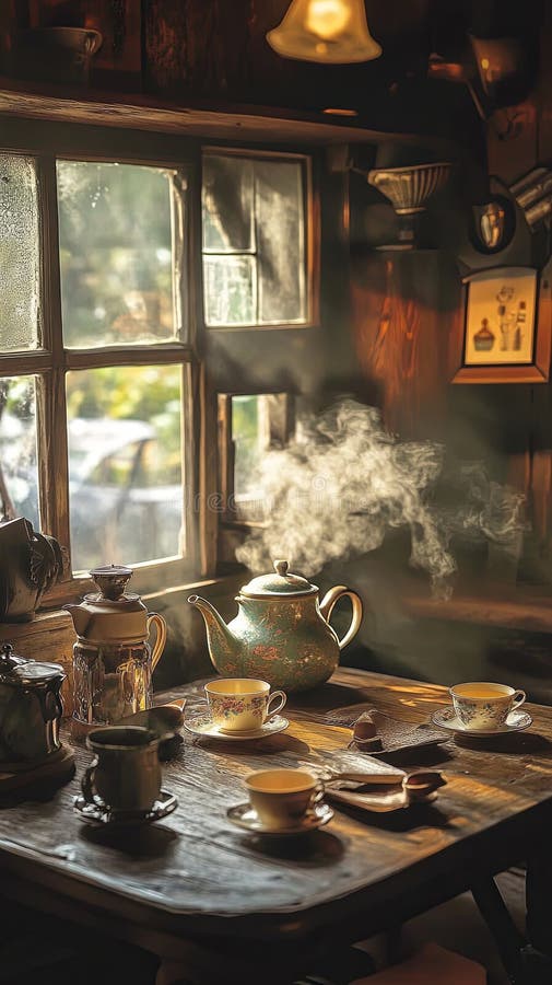 A Cozy Tea House with Steaming Cups and Vintage Teapots. Pic Stock ...