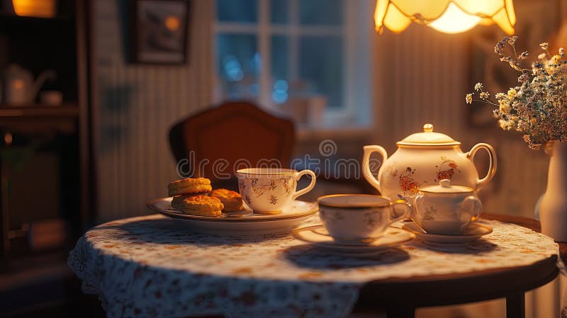 A Cozy Tea Room Setup with Teacups, Teapots, and a Tray of Biscuits ...