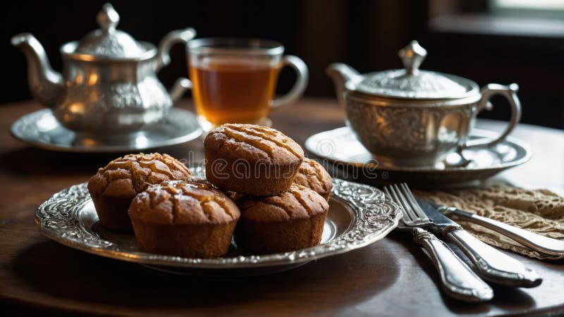 A Cozy Tea Setting Featuring Muffins, Teapots, and a Cup of Tea on a ...