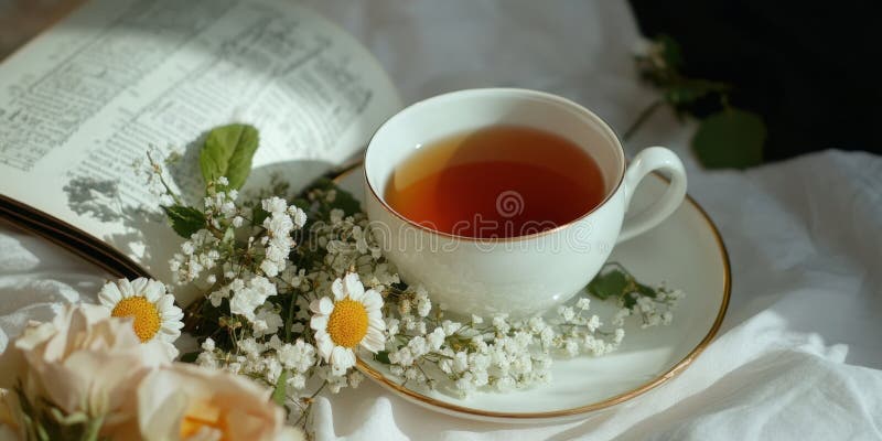 Cozy Tea Setup with Open Book and Delicate White Flowers in Soft Light ...