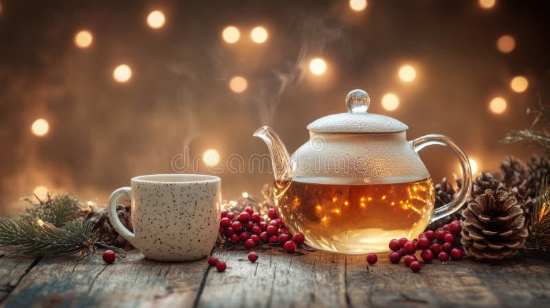 Cozy Tea Setup with a Steaming Teapot and Cup Surrounded by Holiday ...