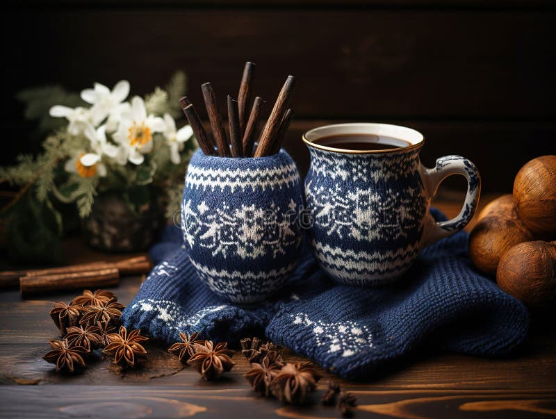 Cozy Tea Time: Cup of Tea with Cinnamon in Sweater-Designed Mugs Stock ...