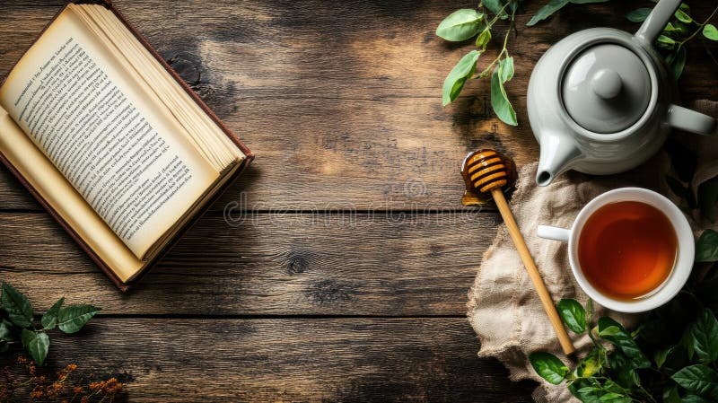 Cozy Tea Time with Honey and a Good Book, Rustic Still Life Stock Photo ...