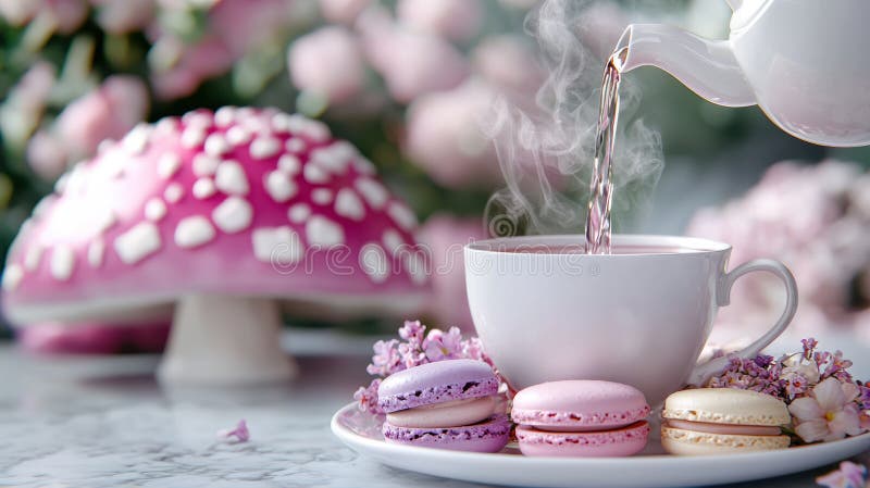 Cozy Tea Time with Macarons and Mushrooms Stock Illustration ...
