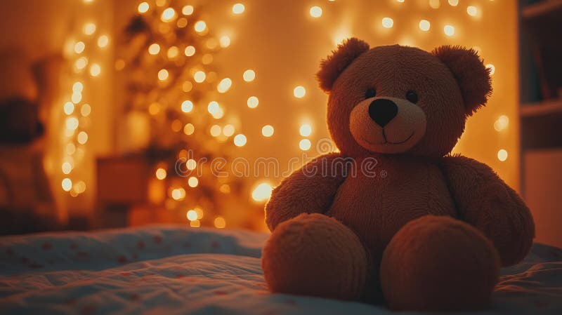 Cozy Teddy Bear on Bed with Warm Glowing Holiday Lights in Background ...