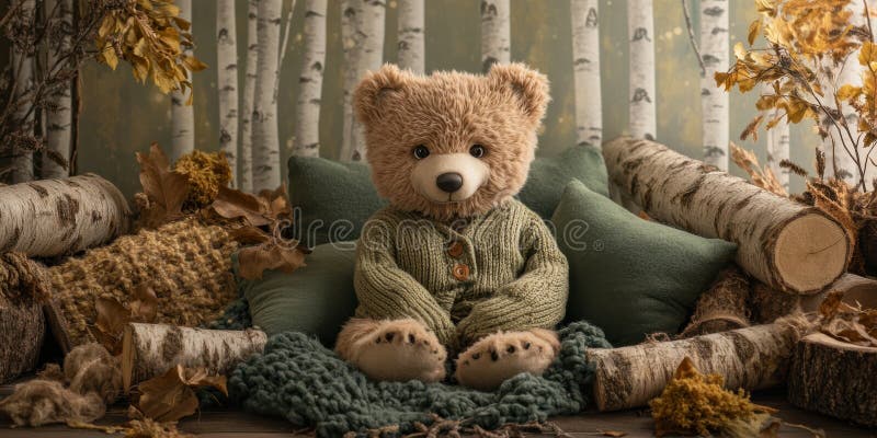 Cozy Teddy Bear in Sweater Surrounded by Birch Trees and Autumn Leaves ...