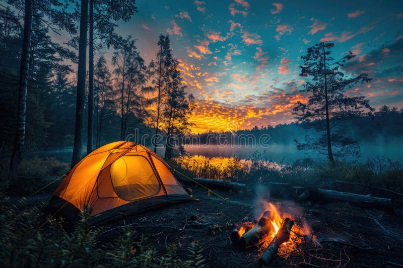 Cozy Tent Camping in Forest Near River and Campfire at Sunset Stock ...