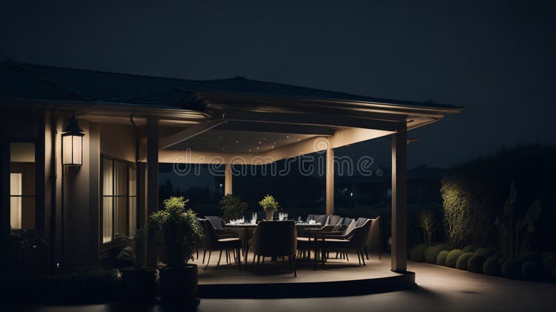 A Cozy Terrace with a Garden at Night. Stock Illustration ...