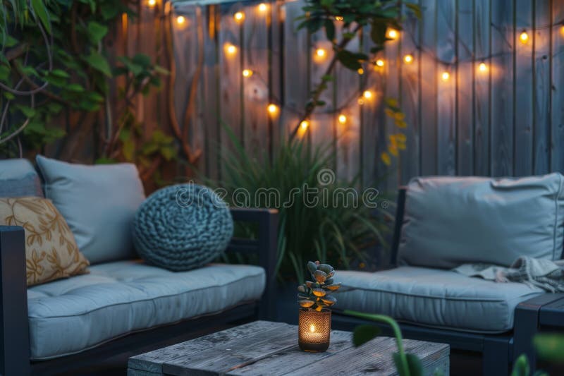 Cozy Terrace with Outdoor String Light. Generative AI Stock Photo - Image of decoration, cozy ...