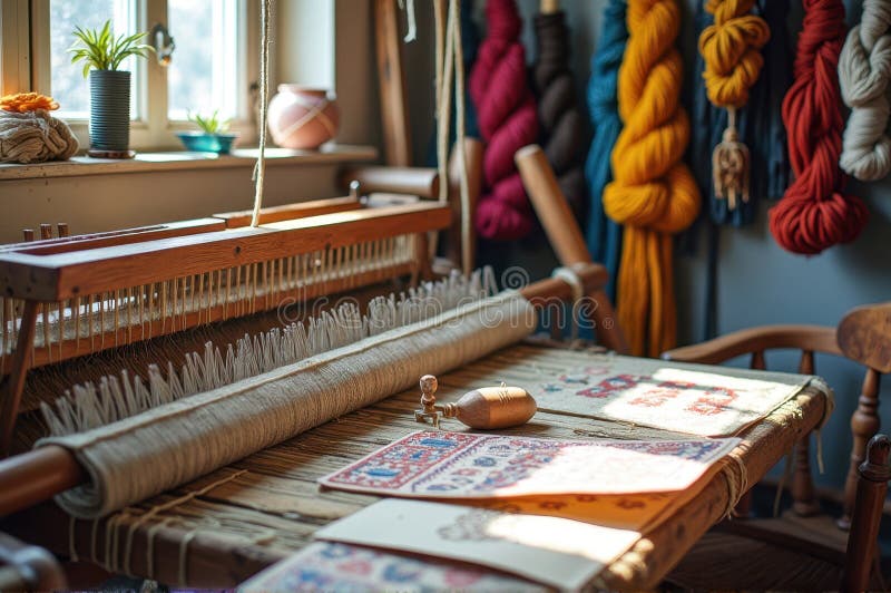 Cozy Textile Studio with Loom, Yarn, and Colorful Textiles by Sunlit Window Stock Illustration ...